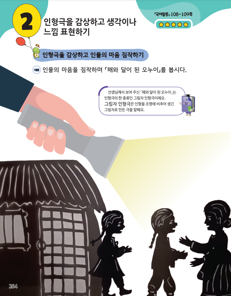 초등국어2 1에 해와 달이 된 오누이 햇님달님 그림자극이 수록되었습니다 인형극단 친구들